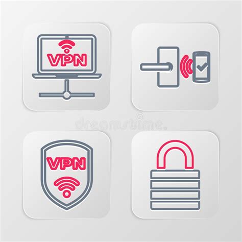 Set Line Lock Shield With Vpn Wireless Digital Door Lock And Computer Network Icon Vector