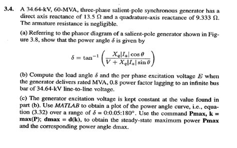 Solved A 34 64 Kv 60 Mva Three Phase Salient Pole