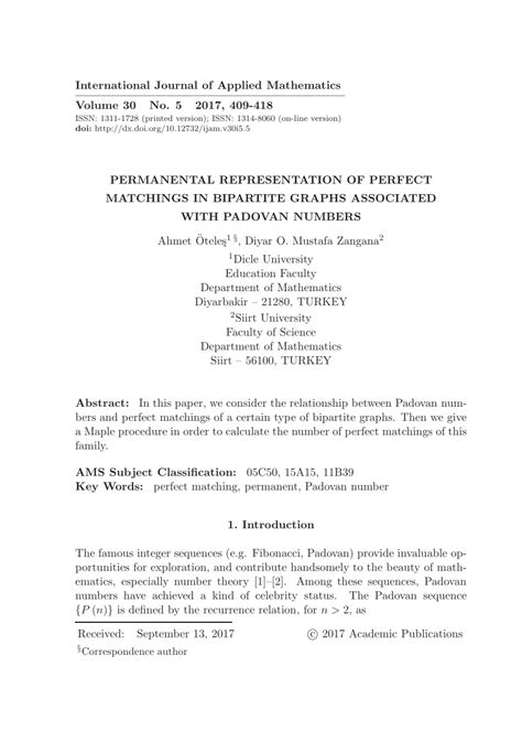 Pdf Permanental Representation Of Perfect Matchings In Bipartite Graphs Associated With