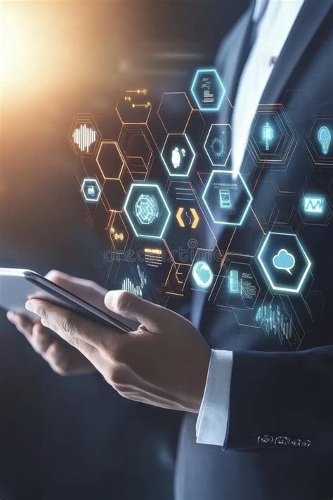 Businessman Holding Tablet With Futuristic Digital Interface For Ai And Data Analytics Stock
