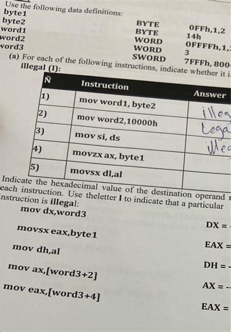 Solved Use The Following Data Definitions Byte 1 Byte