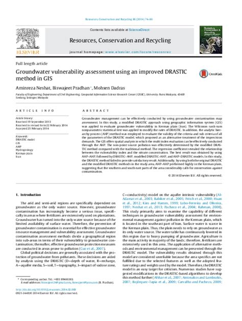 Pdf Groundwater Vulnerability Assessment Using An Improved Drastic Method In Gis