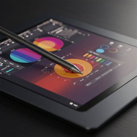 a tablet displaying colorful digital graphics and charts including