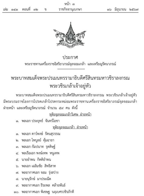 การเมือง โปรดเกล้าฯพระราชทานเครื่องราชอิสริยาภรณ์จุลจอมเกล้า เหรียญรัตนาภรณ์ จำนวน 59 คน