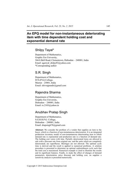 Pdf An Epq Model For Non Instantaneous Deteriorating Item With Time Dependent Holding Cost And