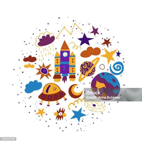 코스모스 클립아트 컬러 의 손으로 그린 낙서 벡터 일러스트는 별 우주선 행성 Ufo 등과 원에서 코스모스 테마의 어린이를위한 다채로운 디자인 로켓에 대한 스톡 벡터 아트 및