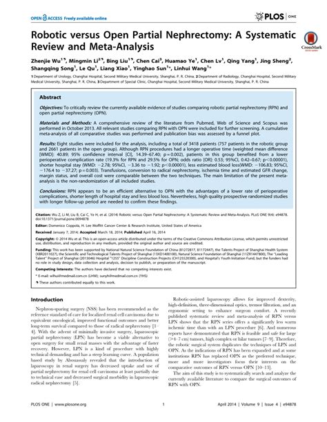 Pdf Robotic Versus Open Partial Nephrectomy A Systematic Review And Meta Analysis