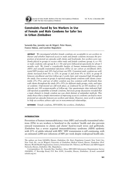 PDF Constraints Faced By Sex Workers In Use Of Female And Male Condoms For Safer Sex In Urban