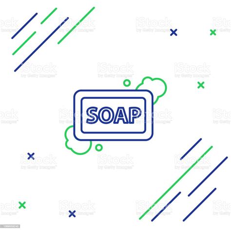 흰색 배경에 분리 거품 아이콘 비누의 파란색과 녹색 라인 바 거품이있는 비누 바 다채로운 개요 개념 벡터 일러스트레이션 건강한 생활방식에 대한 스톡 벡터 아트 및 기타