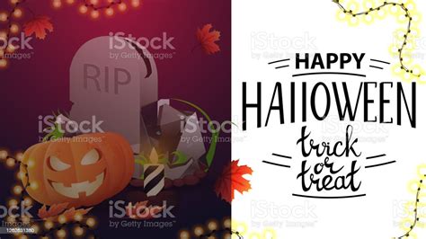 해피 할로윈 트릭 또는 치료 묘비와 호박 잭아름다운 엽서 문자가 있는 인사말 엽서 10월에 대한 스톡 벡터 아트 및 기타 이미지 10월 가을 공휴일 Istock