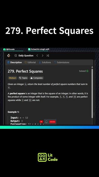 Leetcode 279 Perfect Squares Shorts Python Leetcodechallenge Coding Leetcode Youtube