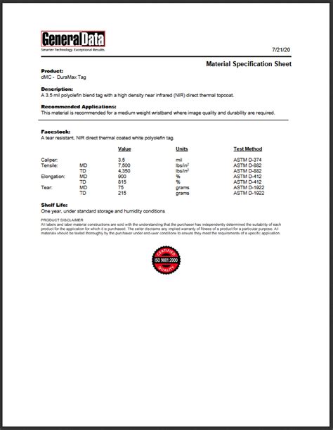 Dmc Specification Sheet General Data