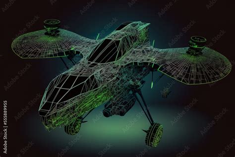 Combat Drone In Wireframe Low Poly Style Art With Dots And Lights Uav Ucav Or Unmanned