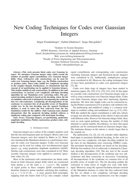 Pdf New Coding Techniques For Codes Over Gaussian Integers