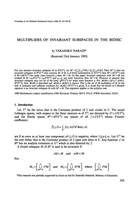Pdf Multipliers Of Invariant Subspaces In The Bidisc