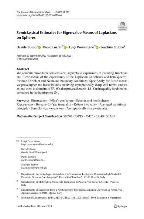 Pdf Semiclassical Estimates For Eigenvalue Means Of Laplacians On Spheres