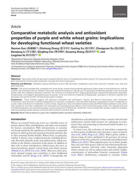 Pdf Comparative Metabolic Analysis And Antioxidant Properties Of Purple And White Wheat Grains