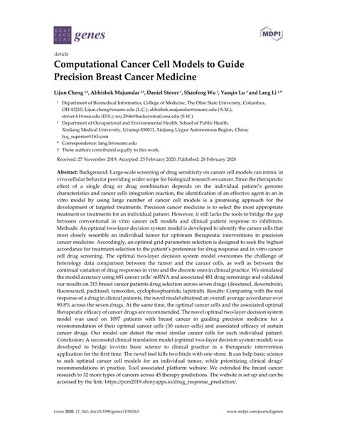 Pdf Computational Cancer Cell Models To Guide Precision Breast Cancer