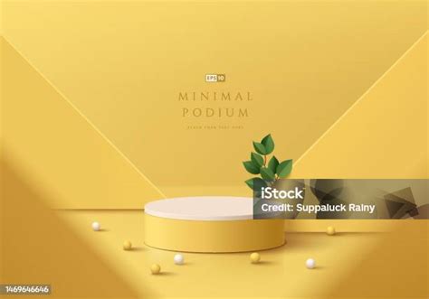 노란색 흰색 3d 배경 현실적인 실린더 받침대 연단 삼각형 배경 및 녹색 잎 장면 최소한의 벽 장면 모형 제품 디스플레이 추상 기하학적 플랫폼 무대 쇼케이스 강단에 대한