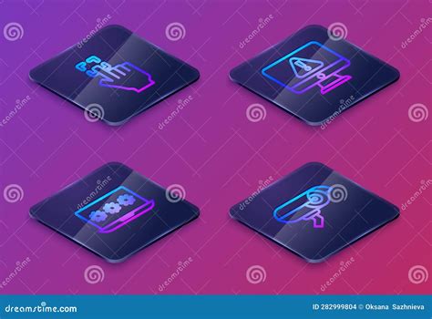 Set Isometric Line Fingerprint Laptop With Password Monitor