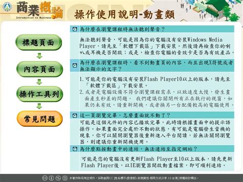 目錄 教學注意事項 教學元件類型 瀏覽課程之基本配備 操作使用說明 目錄 教學注意事項 教學元件類型 瀏覽課程之基本配備 操作使用說明