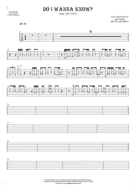 Do I Wanna Know Tablature Rhythm Values For Guitar Melody Line