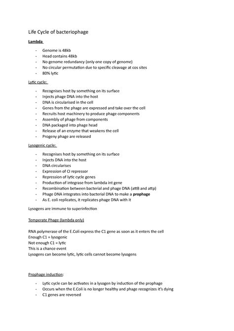Phage Genetics Notes Life Cycle Of Bacteriophage Lambda Genome Is