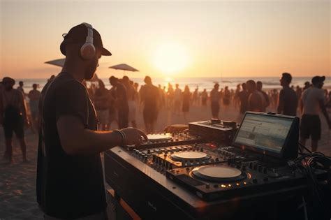 Premium Ai Image Party On The Beach Dj Mixing Outdoor At Beach Party