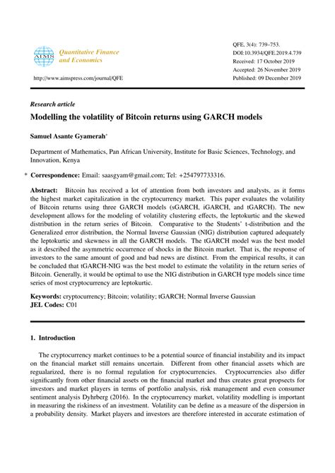 Pdf Modelling The Volatility Of Bitcoin Returns Using Garch Models