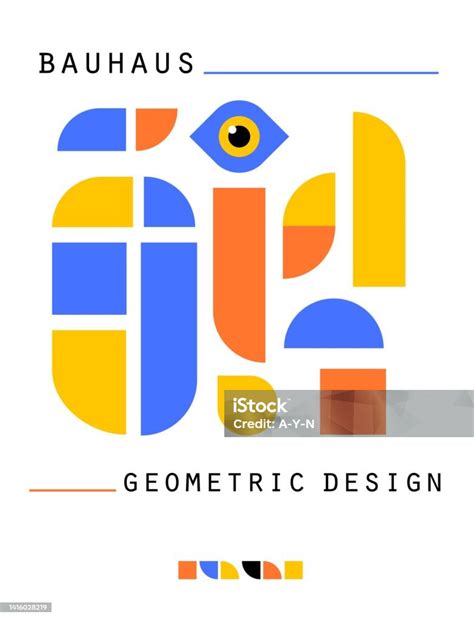 바우 하우스 스타일의 플라이 저널 매거진 앨범은 추상적인 기하학적 2d 모양과 눈으로 커버합니다 간단한 다채로운 형태의 세트와