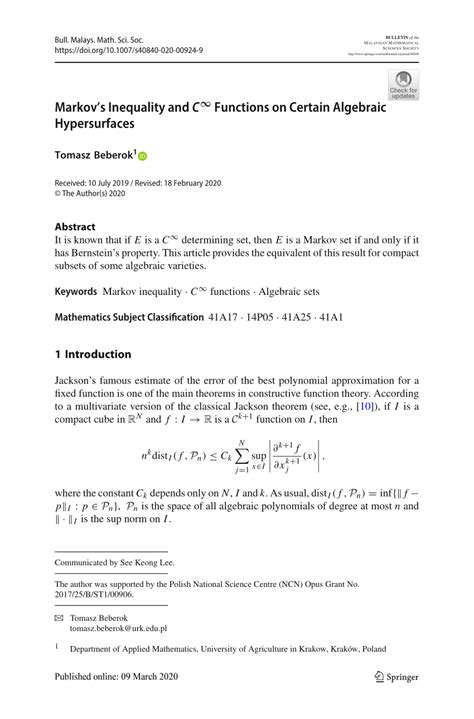 Pdf Markovs Inequality And C Infty C∞ Functions On Certain Algebraic Hypersurfaces