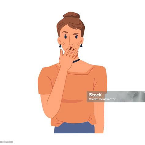 깜짝 또는 충격을 받은 여성이 손을 잡고 감정을 감추고 입을 가리는 것을 보고 있습니다 고립 된 여성 인물 놀랍고 혼란스러운 여성 반응 얼굴 표정 만화 캐릭터 플랫 스타일의
