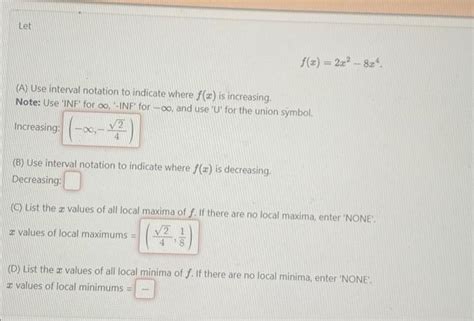 solved f x 2x2−8x4 a use interval notation to indicate