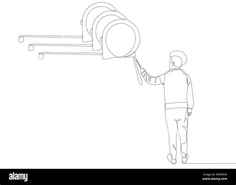 One Continuous Line Of Man Pointing With Finger At Measuring Tape Thin Line Illustration Vector