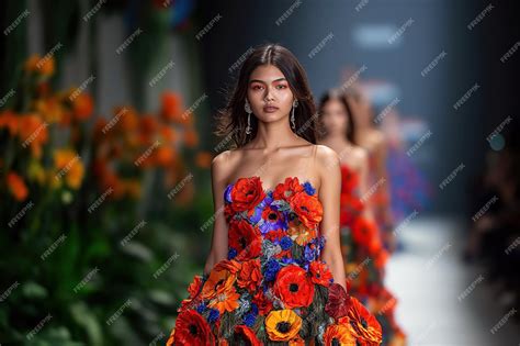 Premium Photo Woman Model Girl In A Flower Dress Walks On Runway At Fashion Show Fashion