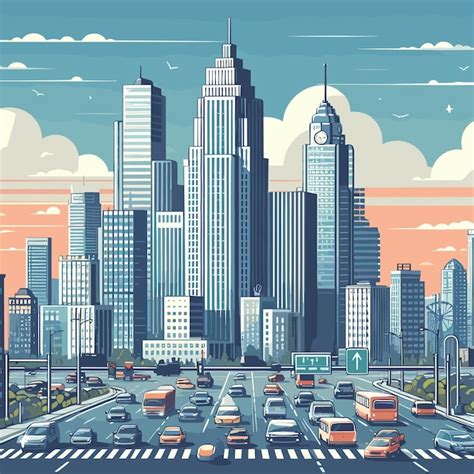 Scène Urbaine Avec Des Bâtiments De Grande Hauteur Illustration Vectorielle Vecteur Premium