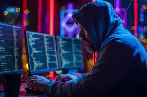 Hacker In Hoodie Sitting In Front Of Computer Monitor With Binary Code