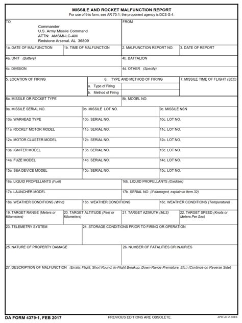 Da Form 4379 1 Missile And Rocket Malfunction Report Army Pubs Da Form