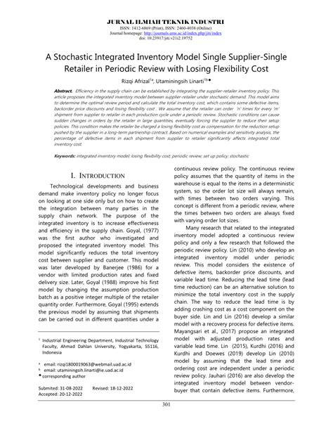Pdf A Stochastic Integrated Inventory Model Single Supplier Single