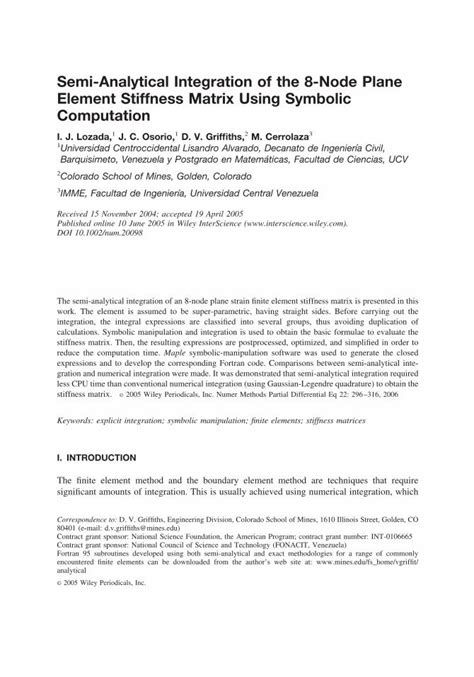 Pdf Semi Analytical Integration Of The 8 Node Plane Element Stiffness Matrix Using Symbolic