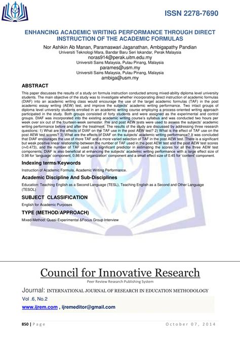 Pdf Enhancing Academic Writing Performance Through Direct Instruction Of The Academic Formulas