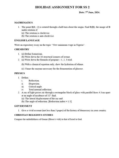 Holiday Assignment For Ss 2 Pdf