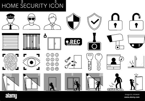 Prevention Of Crime And Home Security Black And White Icons Vector Illustration Stock Vector