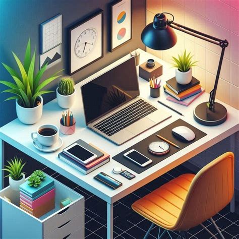 Isometric Workspace With Coffee Premium Ai Generated Image