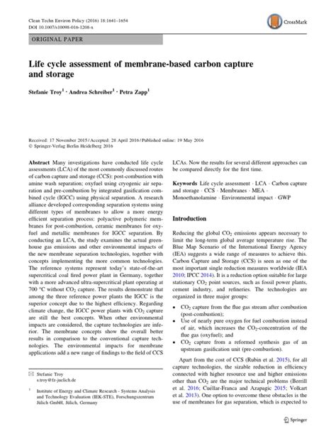 Troy2016 Article Life Cycle Assessment Of Membrane Based Carbon Capture Pdf Life Cycle