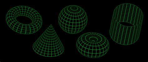 녹색 네온 와이어프레임 모양 컬렉션입니다 3d 윤곽선 구체 실린더 원뿔 및 토러스 디자인 템플릿 아이콘 로고에 대한 기하학적 요소 연결된 선이 있는 추상 격자 개체입니다