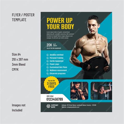체육관 피트니스 또는 보디 빌딩 전단지 또는 포스터 디자인 서식 파일 프리미엄 벡터