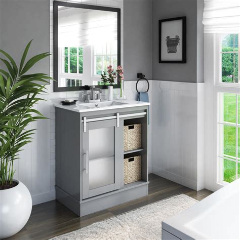 30″ Contemporary Sliding Barn Door Single Bathroom Vanity With Woven