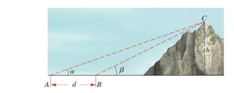 Height of a Mountain To calculate the height h of a mountain angles α and β and distance d are