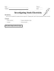 Physics Lab Investigating Static Electricity PROCEDURES Pdf Name Period Teacher Date